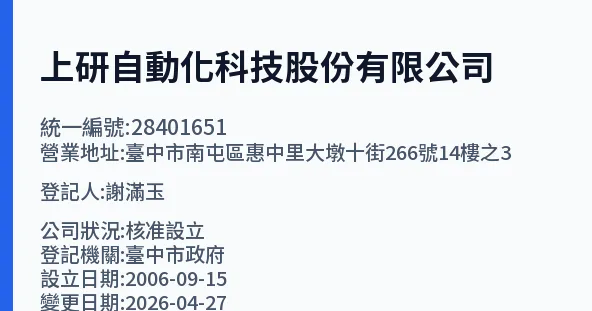 上研自動化科技股份有限公司的照片-統編 28401651(臺中市) 公司登記資料與營業項目詳細圖表