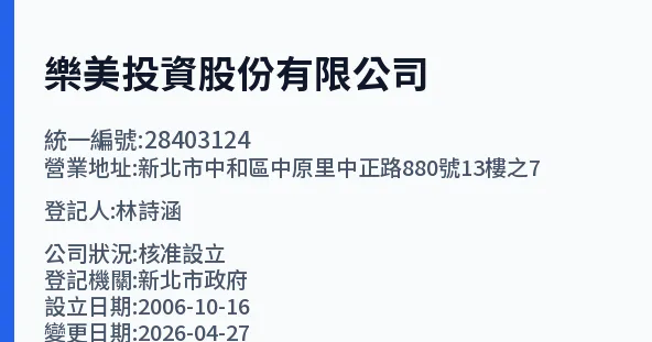 樂美投資股份有限公司的照片-統編 28403124(新北市) 公司登記資料與營業項目詳細圖表