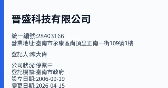 晉盛科技有限公司的照片-統編 28403166(臺南市) 公司登記資料與營業項目詳細圖表