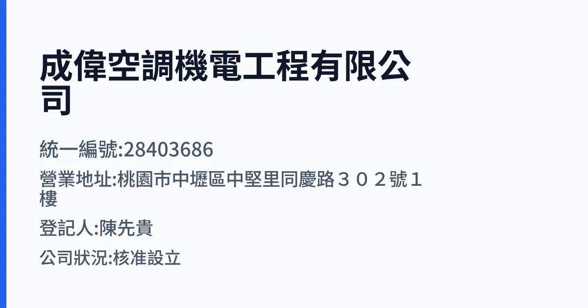 成偉空調機電工程有限公司 - 統編 28403686(桃園市) 公司登記資料與營業項目詳細圖表