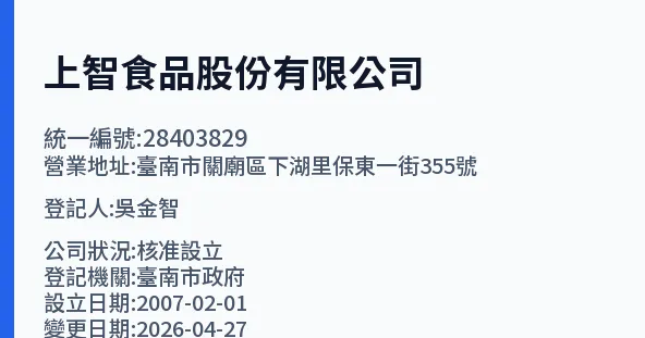 上智食品股份有限公司的照片-統編 28403829(臺南市) 公司登記資料與營業項目詳細圖表