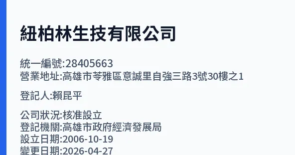 紐柏林生技有限公司的照片-統編 28405663(高雄市) 公司登記資料與營業項目詳細圖表