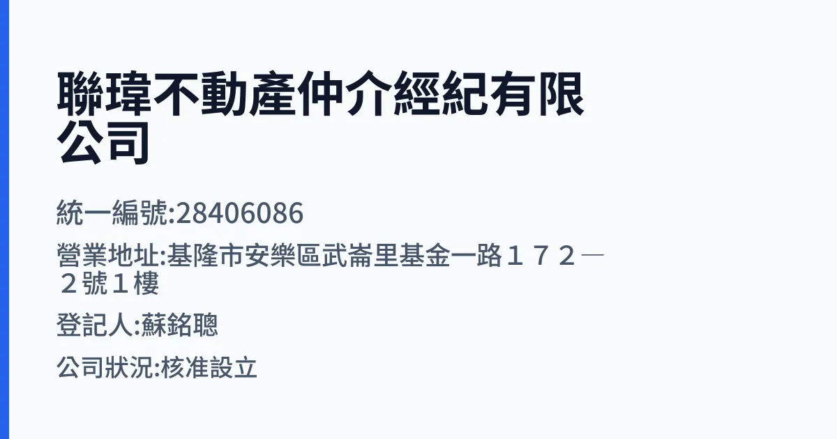 聯瑋不動產仲介經紀有限公司 - 統編 28406086(基隆市) 公司登記資料與營業項目詳細圖表