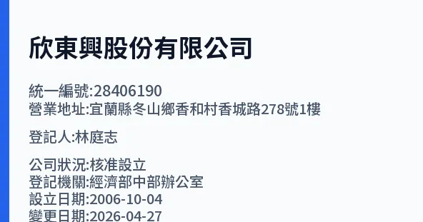 欣東興股份有限公司的照片-統編 28406190(宜蘭縣) 公司登記資料與營業項目詳細圖表