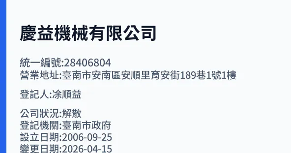 慶益機械有限公司的照片-統編 28406804(臺南市) 公司登記資料與營業項目詳細圖表
