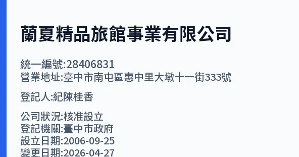 蘭夏精品旅館事業有限公司的照片-統編 28406831(臺中市) 公司登記資料與營業項目詳細圖表