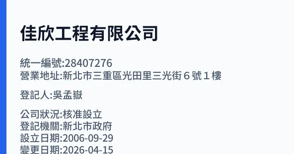 佳欣工程有限公司的照片-統編 28407276(新北市) 公司登記資料與營業項目詳細圖表