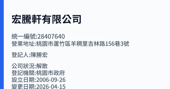 宏騰軒有限公司的照片-統編 28407640(桃園市) 公司登記資料與營業項目詳細圖表