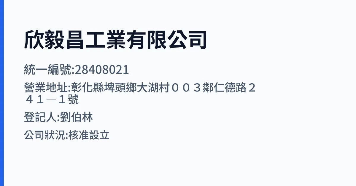 欣毅昌工業有限公司 - 統編 28408021(彰化縣) 公司登記資料與營業項目詳細圖表