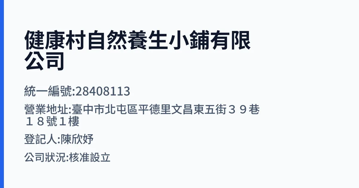 健康村自然養生小鋪有限公司 - 統編 28408113 (臺中市) 公司登記資料與營業項目詳細圖表
