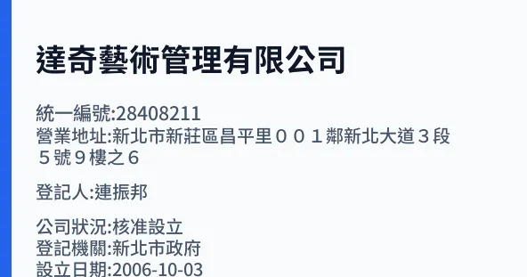 達奇藝術管理有限公司的照片-統編 28408211(新北市) 公司登記資料與營業項目詳細圖表
