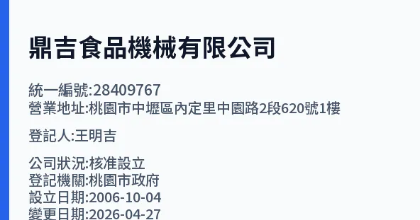 鼎吉食品機械有限公司的照片-統編 28409767(桃園市) 公司登記資料與營業項目詳細圖表