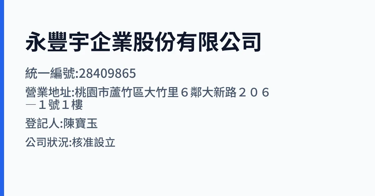 永豐宇企業股份有限公司 - 統編 28409865（桃園市） 公司登記資料與營業項目詳細圖表