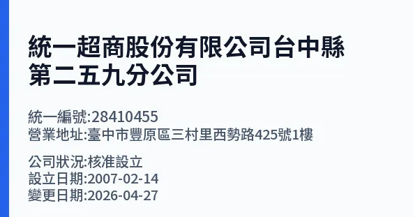 統一超商股份有限公司台中縣第二五九分公司的照片-統編 28410455(臺中市) 公司登記資料與營業項目詳細圖表