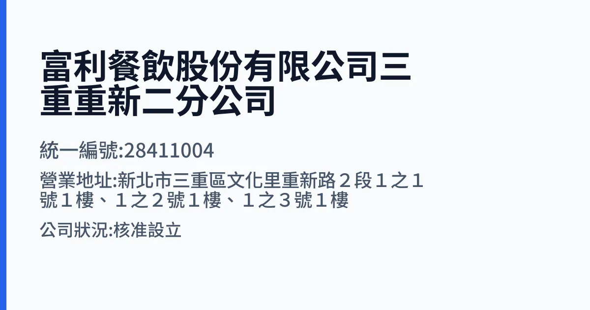富利餐飲股份有限公司三重重新二分公司 - 統編 28411004(新北市) 公司登記資料與營業項目詳細圖表