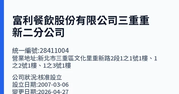 富利餐飲股份有限公司三重重新二分公司的照片-統編 28411004(新北市) 公司登記資料與營業項目詳細圖表