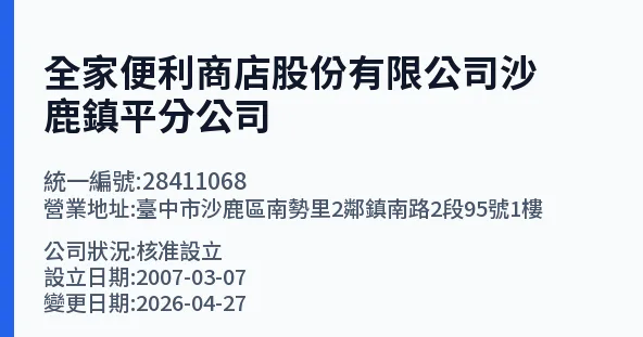 全家便利商店股份有限公司沙鹿鎮平分公司的照片-統編 28411068(臺中市) 公司登記資料與營業項目詳細圖表