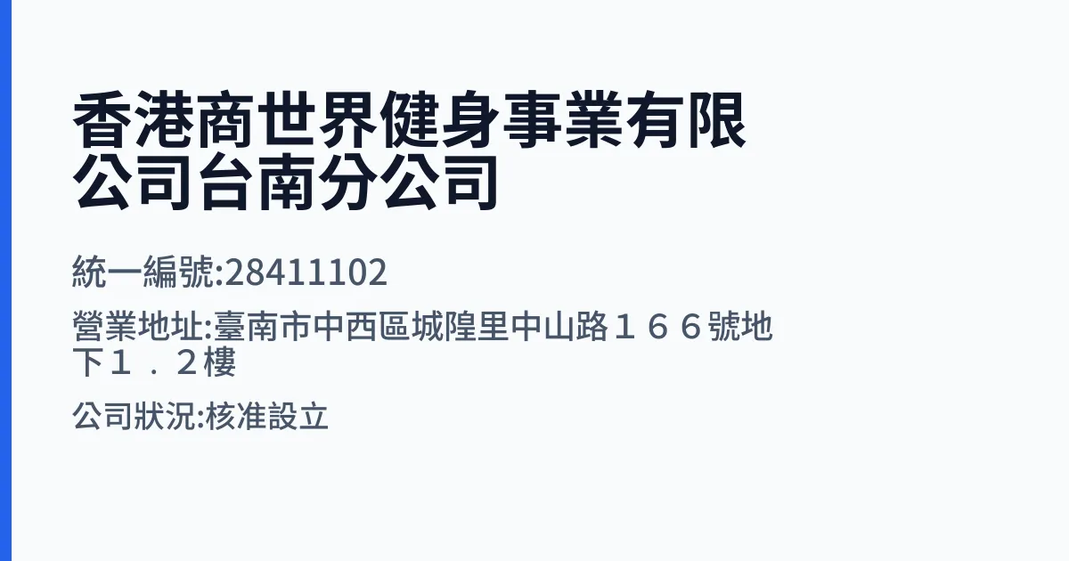 香港商世界健身事業有限公司台南分公司 - 統編 28411102(臺南市) 公司登記資料與營業項目詳細圖表