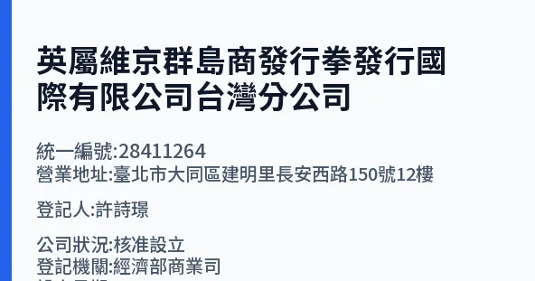 英屬維京群島商發行拳發行國際有限公司台灣分公司的照片-統編 28411264(臺北市) 公司登記資料與營業項目詳細圖表