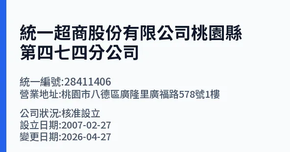 統一超商股份有限公司桃園縣第四七四分公司的照片-統編 28411406(桃園市) 公司登記資料與營業項目詳細圖表