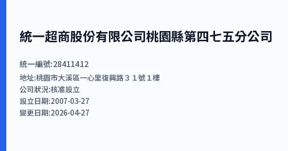 統一超商股份有限公司桃園縣第四七五分公司的照片-統編 28411412(桃園市) 公司登記資料與營業項目詳細圖表