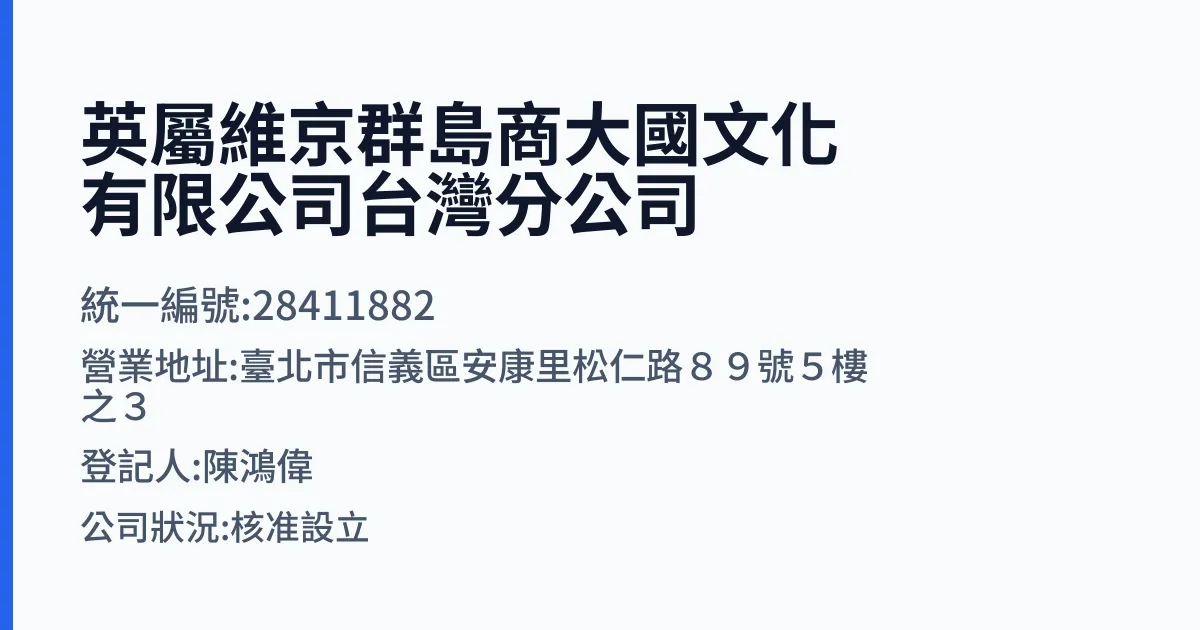 英屬維京群島商大國文化有限公司台灣分公司 - 統編 28411882(臺北市) 公司登記資料與營業項目詳細圖表