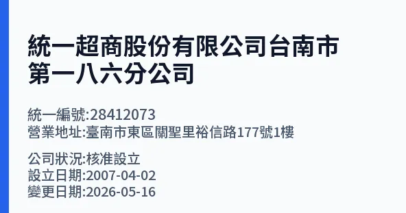 統一超商股份有限公司台南市第一八六分公司的照片-統編 28412073(臺南市) 公司登記資料與營業項目詳細圖表