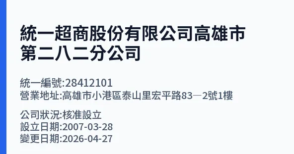 統一超商股份有限公司高雄市第二八二分公司的照片-統編 28412101(高雄市) 公司登記資料與營業項目詳細圖表