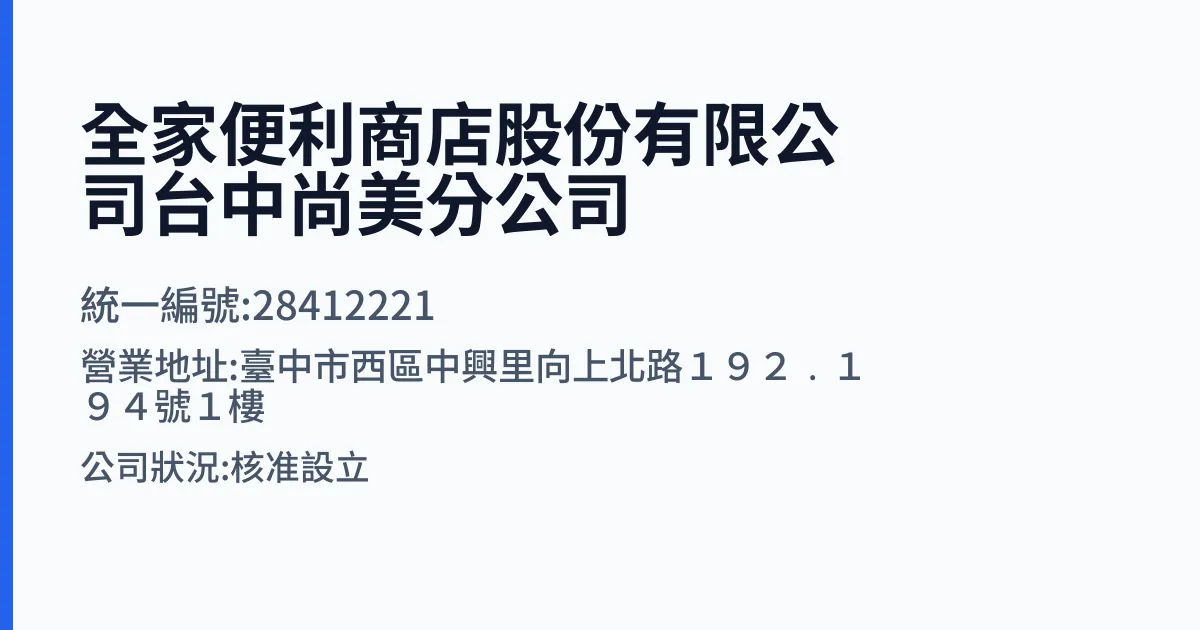 全家便利商店股份有限公司台中尚美分公司 - 統編 28412221(臺中市) 公司登記資料與營業項目詳細圖表