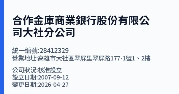 合作金庫商業銀行股份有限公司大社分公司的照片-統編 28412329(高雄市) 公司登記資料與營業項目詳細圖表
