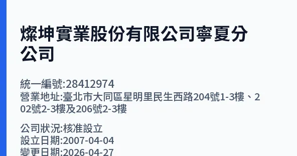 燦坤實業股份有限公司寧夏分公司的照片-統編 28412974(臺北市) 公司登記資料與營業項目詳細圖表