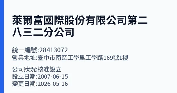 萊爾富國際股份有限公司第二八三二分公司的照片-統編 28413072(臺中市) 公司登記資料與營業項目詳細圖表
