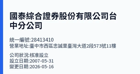 國泰綜合證券股份有限公司台中分公司的照片-統編 28413410(臺中市) 公司登記資料與營業項目詳細圖表