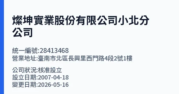 燦坤實業股份有限公司小北分公司的照片-統編 28413468(臺南市) 公司登記資料與營業項目詳細圖表