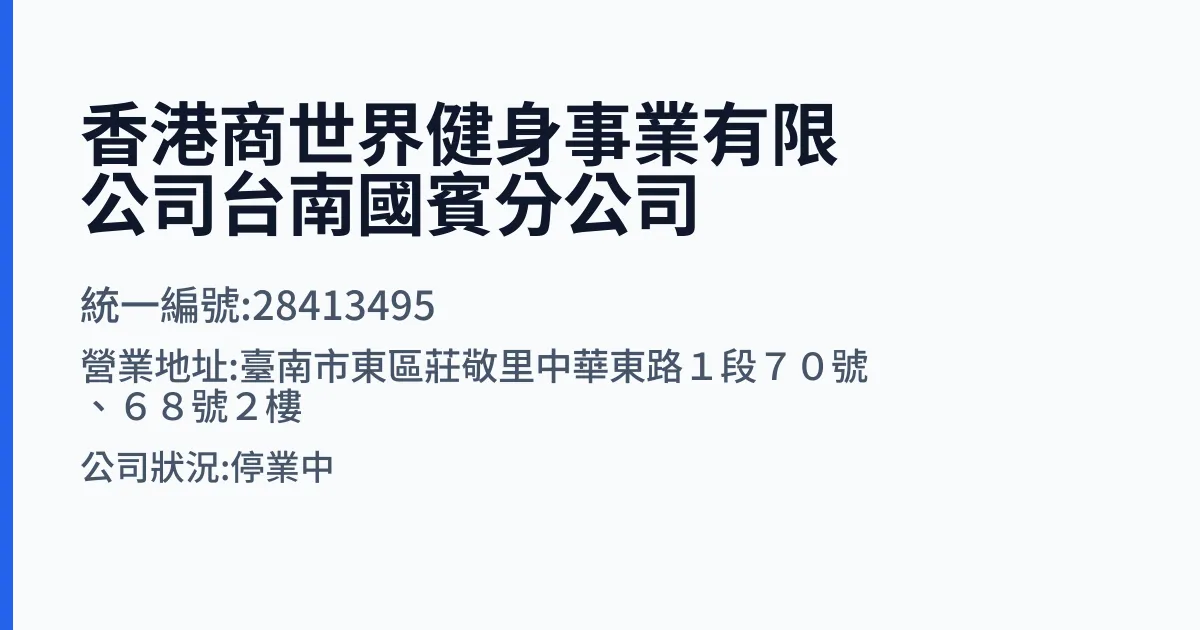香港商世界健身事業有限公司台南國賓分公司 - 統編 28413495(臺南市) 公司登記資料與營業項目詳細圖表