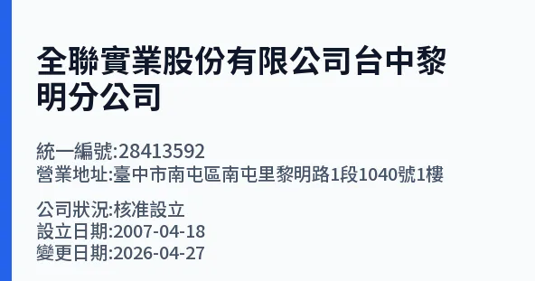 全聯實業股份有限公司台中黎明分公司的照片-統編 28413592(臺中市) 公司登記資料與營業項目詳細圖表