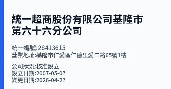 統一超商股份有限公司基隆市第六十六分公司的照片-統編 28413615(基隆市) 公司登記資料與營業項目詳細圖表