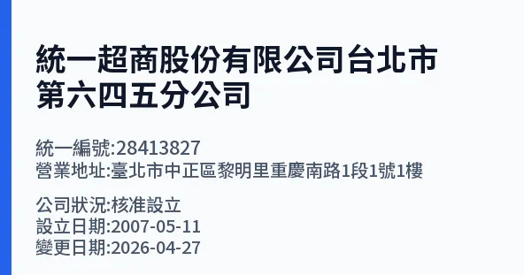 統一超商股份有限公司台北市第六四五分公司的照片-統編 28413827(臺北市) 公司登記資料與營業項目詳細圖表