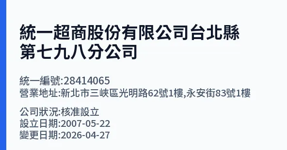 統一超商股份有限公司台北縣第七九八分公司的照片-統編 28414065(新北市) 公司登記資料與營業項目詳細圖表