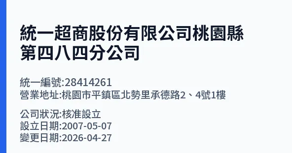 統一超商股份有限公司桃園縣第四八四分公司的照片-統編 28414261(桃園市) 公司登記資料與營業項目詳細圖表