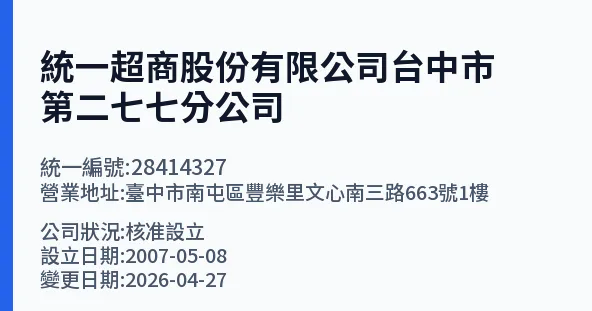 統一超商股份有限公司台中市第二七七分公司的照片-統編 28414327(臺中市) 公司登記資料與營業項目詳細圖表
