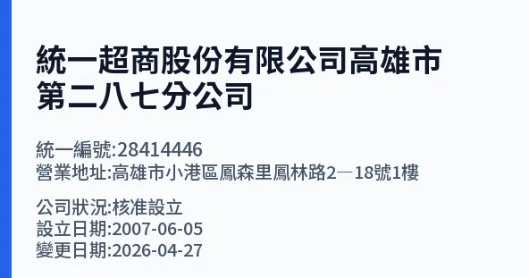 統一超商股份有限公司高雄市第二八七分公司的照片-統編 28414446(高雄市) 公司登記資料與營業項目詳細圖表