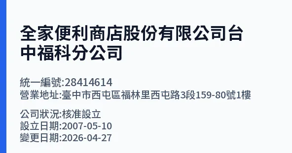 全家便利商店股份有限公司台中福科分公司的照片-統編 28414614(臺中市) 公司登記資料與營業項目詳細圖表