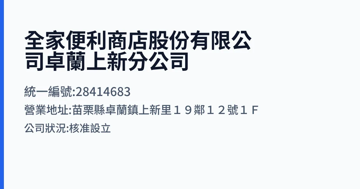 全家便利商店股份有限公司卓蘭上新分公司 - 統編 28414683(苗栗縣) 公司登記資料與營業項目詳細圖表