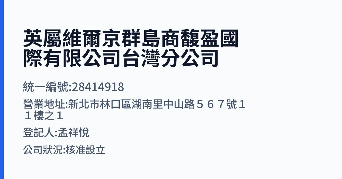 英屬維爾京群島商馥盈國際有限公司台灣分公司 - 統編 28414918(新北市) 公司登記資料與營業項目詳細圖表