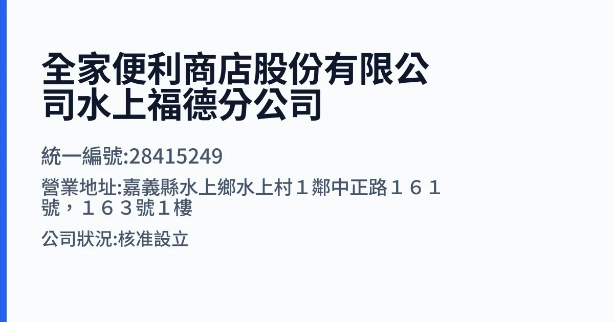 全家便利商店股份有限公司水上福德分公司 - 統編 28415249(嘉義縣) 公司登記資料與營業項目詳細圖表