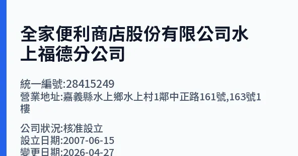 全家便利商店股份有限公司水上福德分公司的照片-統編 28415249(嘉義縣) 公司登記資料與營業項目詳細圖表