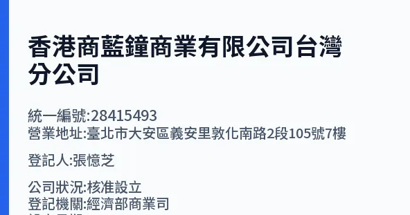香港商藍鐘商業有限公司台灣分公司的照片-統編 28415493(臺北市) 公司登記資料與營業項目詳細圖表