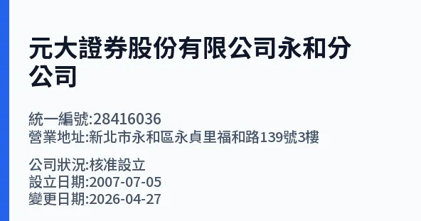 元大證券股份有限公司永和分公司的照片-統編 28416036(新北市) 公司登記資料與營業項目詳細圖表