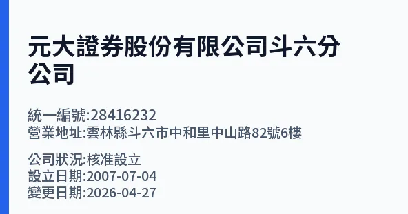 元大證券股份有限公司斗六分公司的照片-統編 28416232(雲林縣) 公司登記資料與營業項目詳細圖表